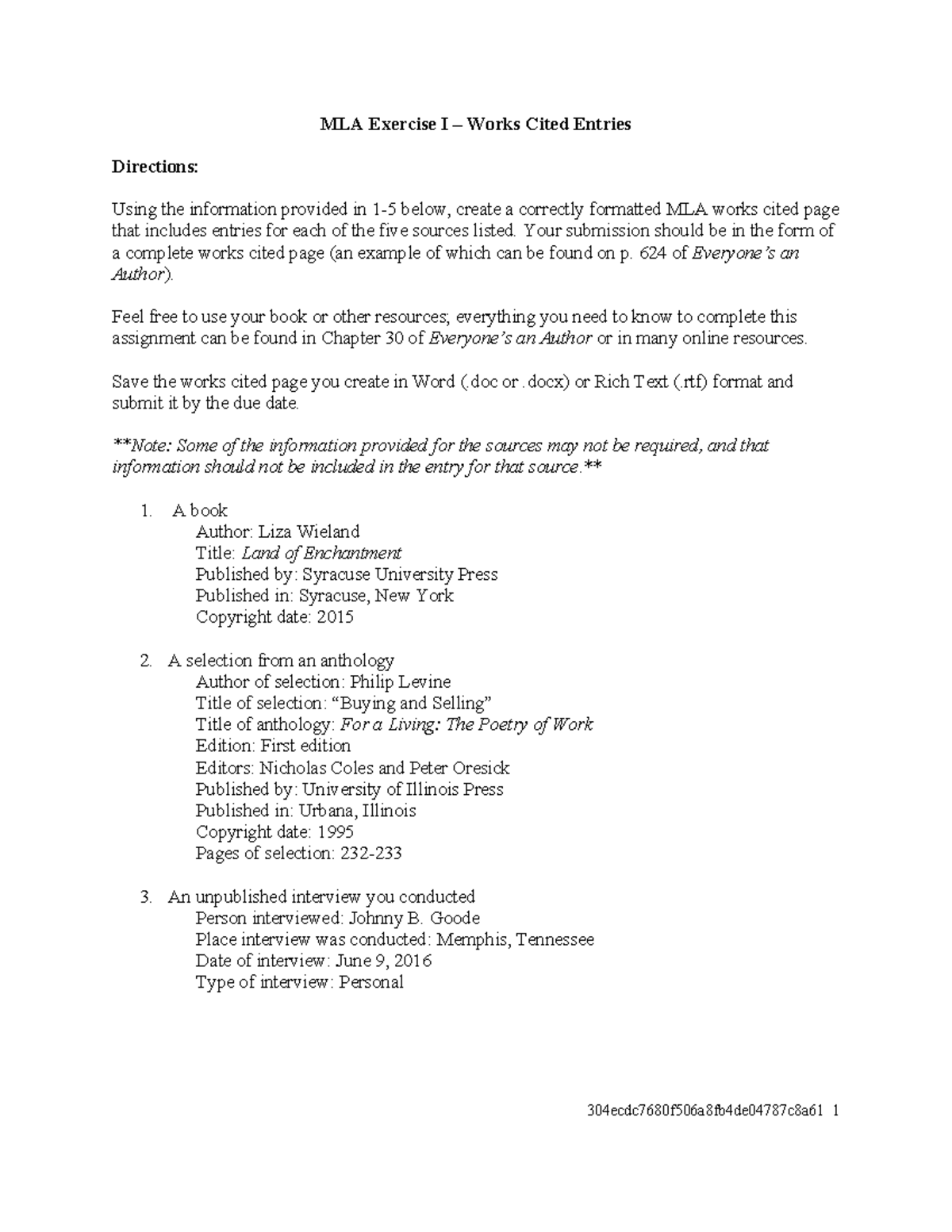 MLA Exercise I: Creating a Works Cited Page Assignment - Studocu