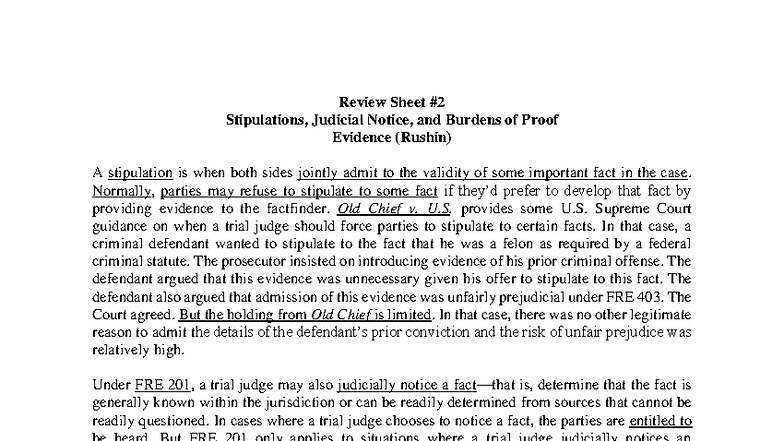 Evidence Review Sheet: Stipulations, Judicial Notice & Burdens (Rushin ...