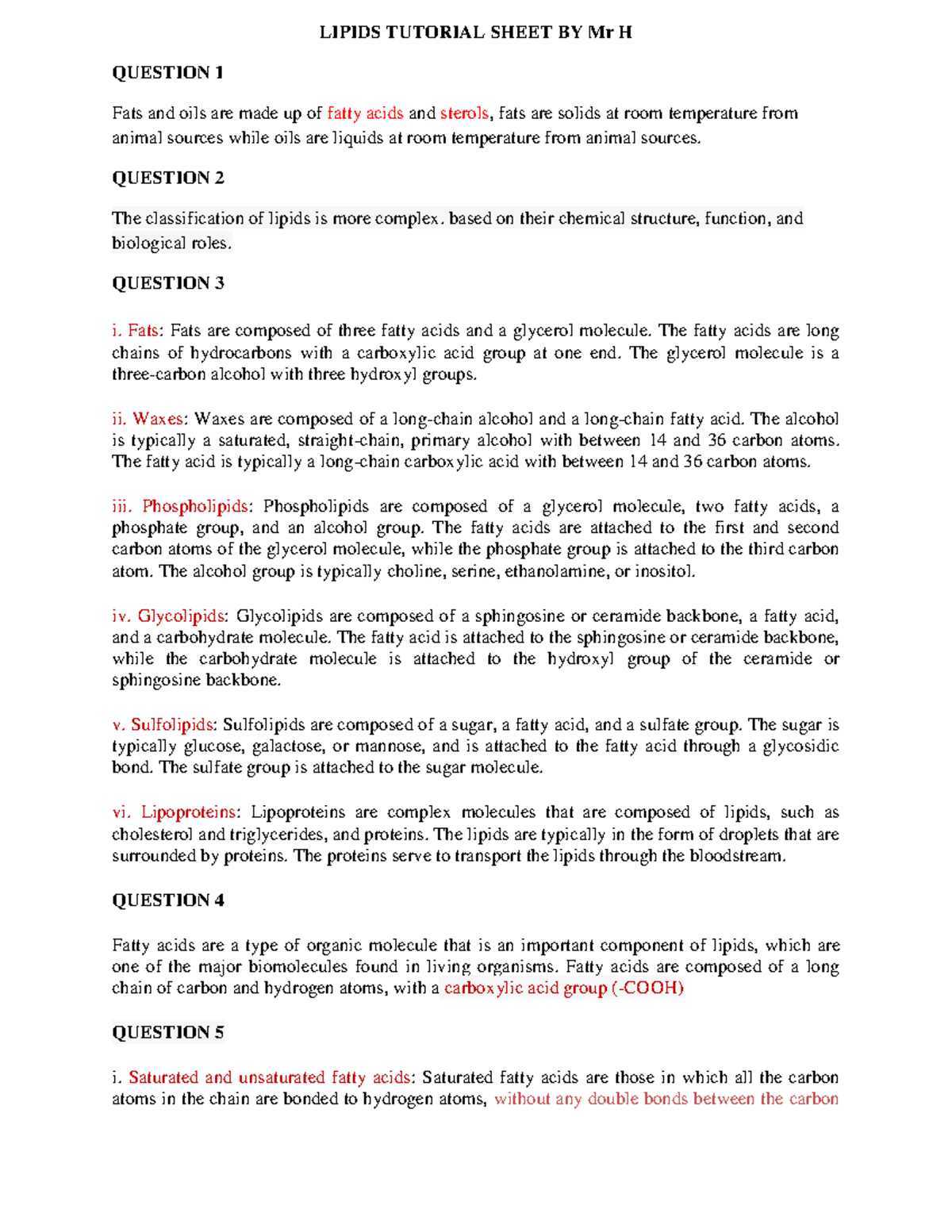 LIPIDS TUTORIAL SHEET - Detailed Overview and Key Concepts - Studocu
