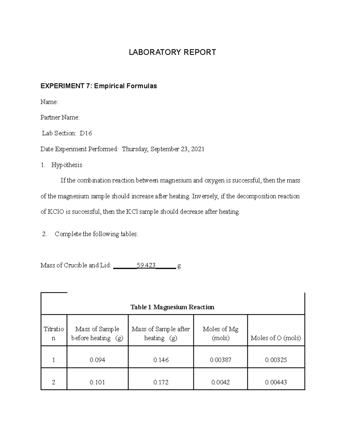 Experiment 7-2 Results - LABORATORY REPORT EXPERIMENT 7: Empirical ...