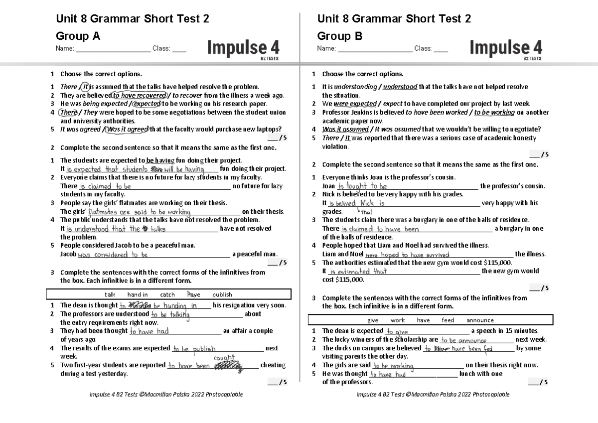 Unit 8 Grammar Short Test 2 - Impulse 4 B2 Exercises - Studocu