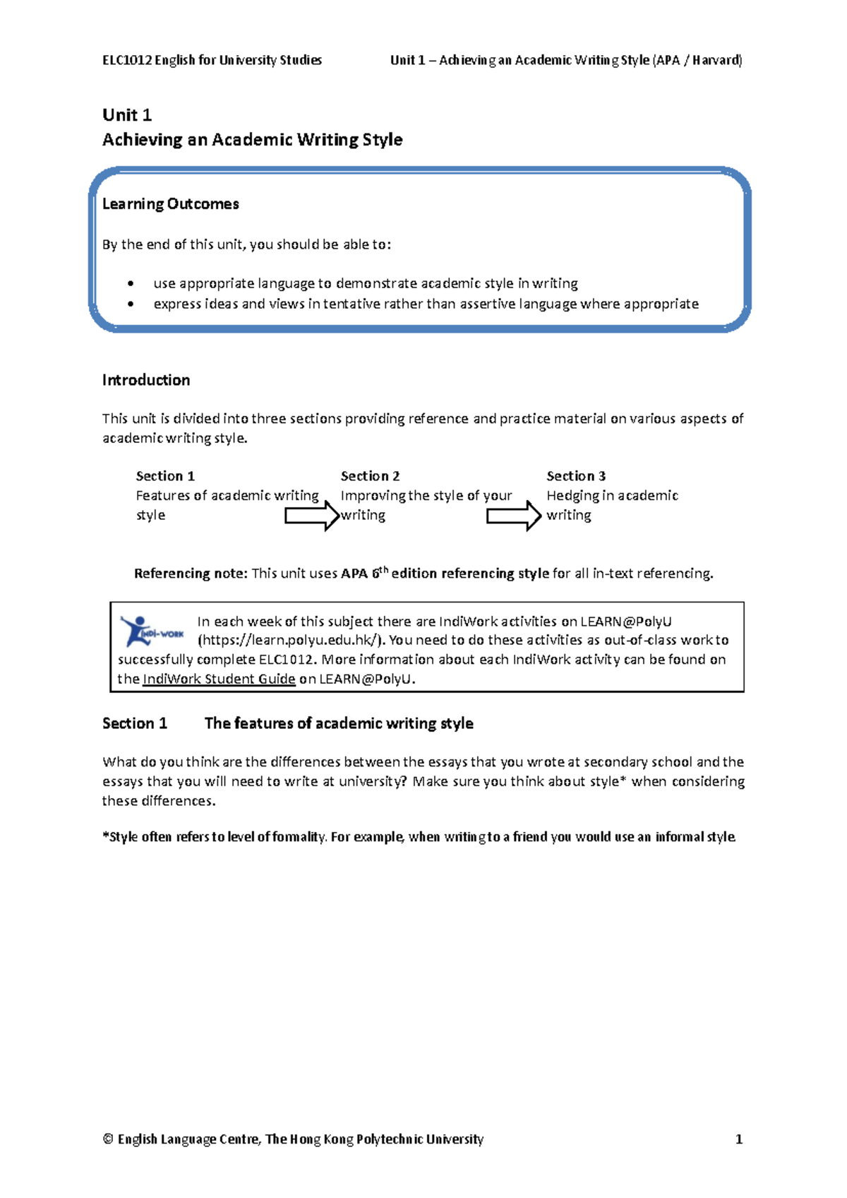 ELC1012 Unit 1 - Academic Writing Style and Skills (APA/Harvard) - Studocu