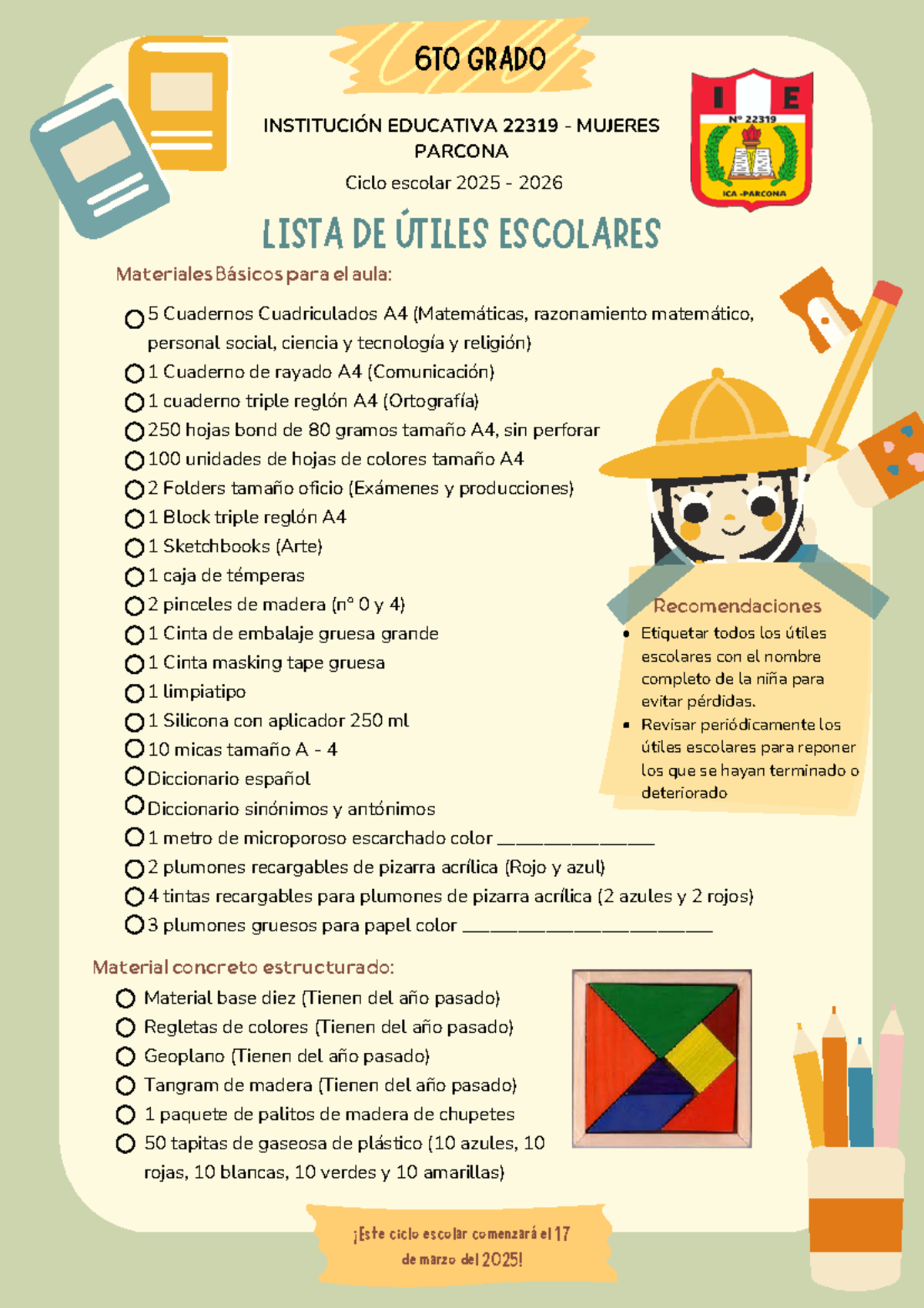 Lista de Útiles Escolares 6TO Grado - Ciclo Escolar 2025-2026 - Studocu