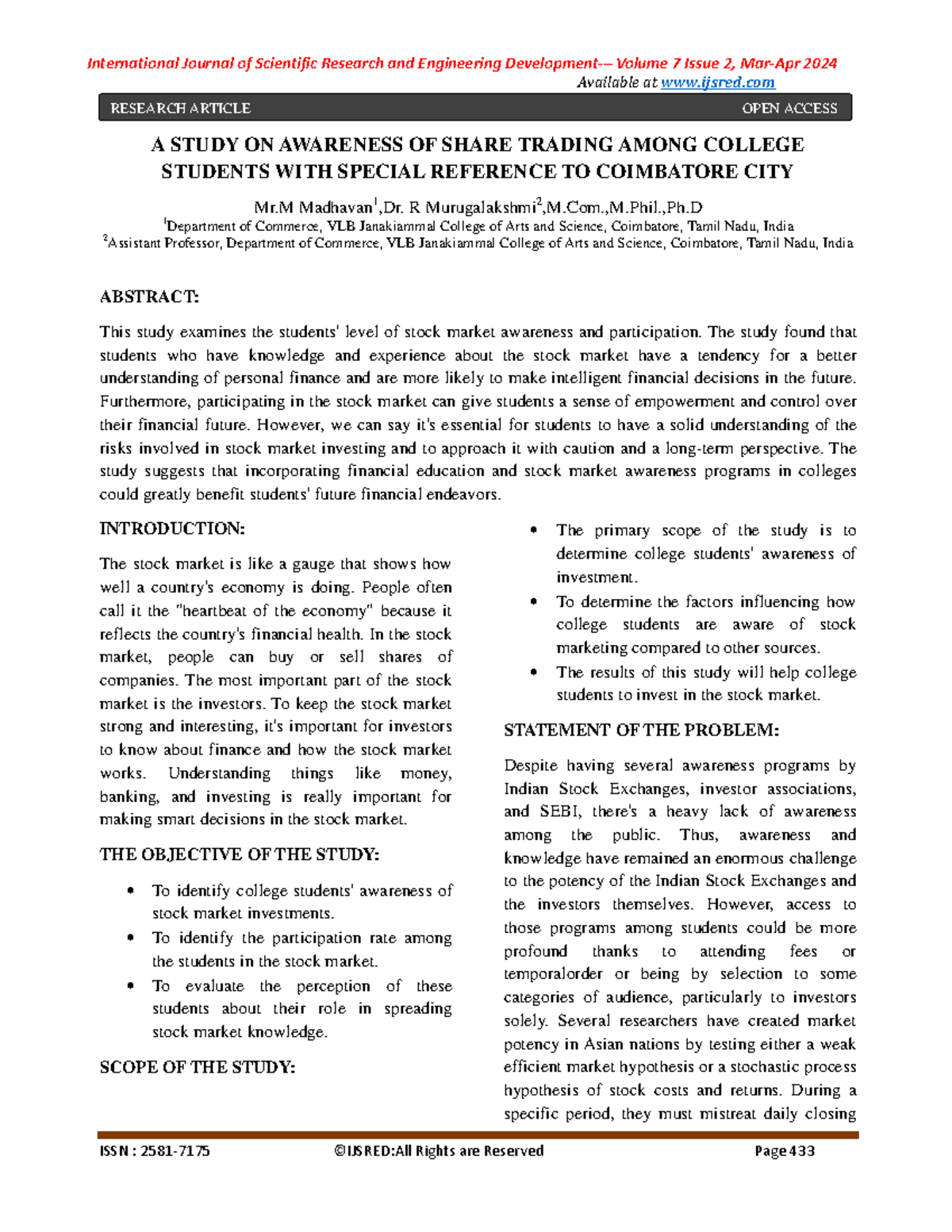 A Study on Share Trading Awareness Among College Students (M.Com) - Studocu