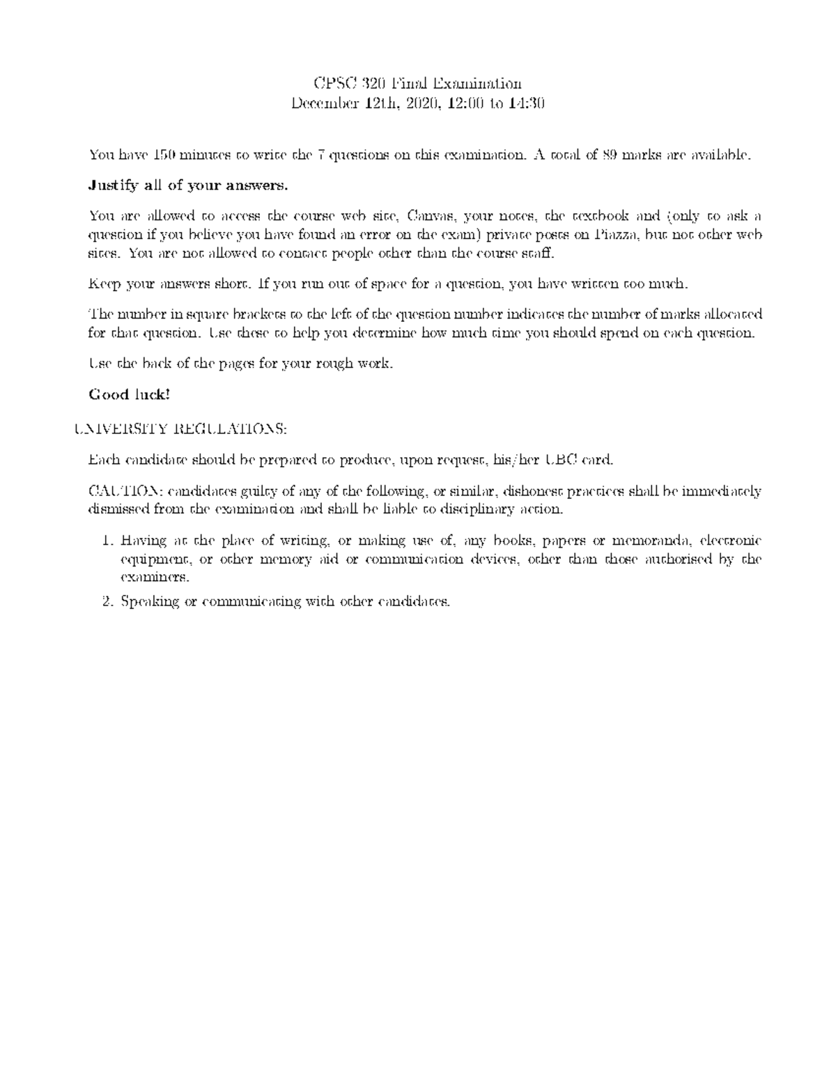 CPSC 320 Final Exam Study Guide - December 2020 - Studocu
