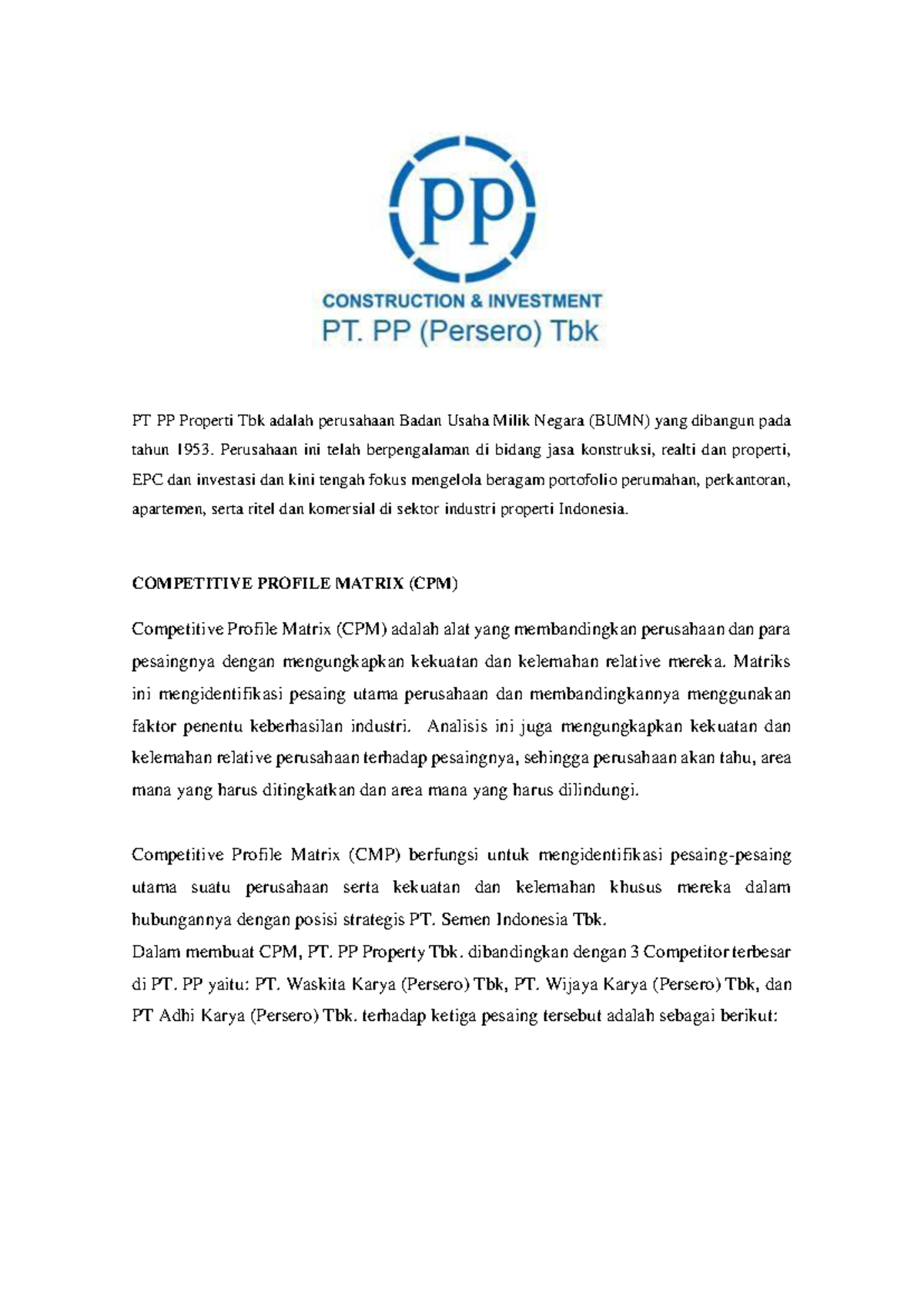 Competitive Profile Matrix Analysis of PT PP (Persero) Tbk - Studocu