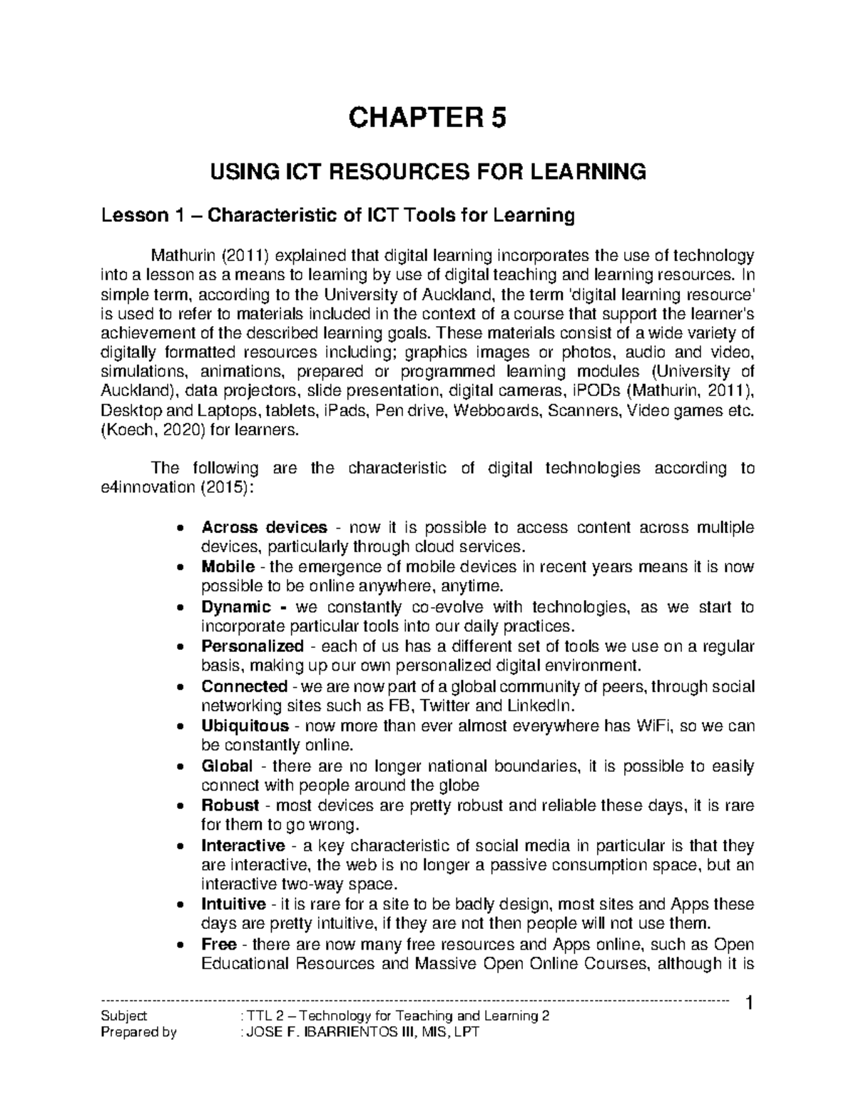 TTL 2 Chapter 5: Utilizing ICT Resources for Effective Learning - Studocu