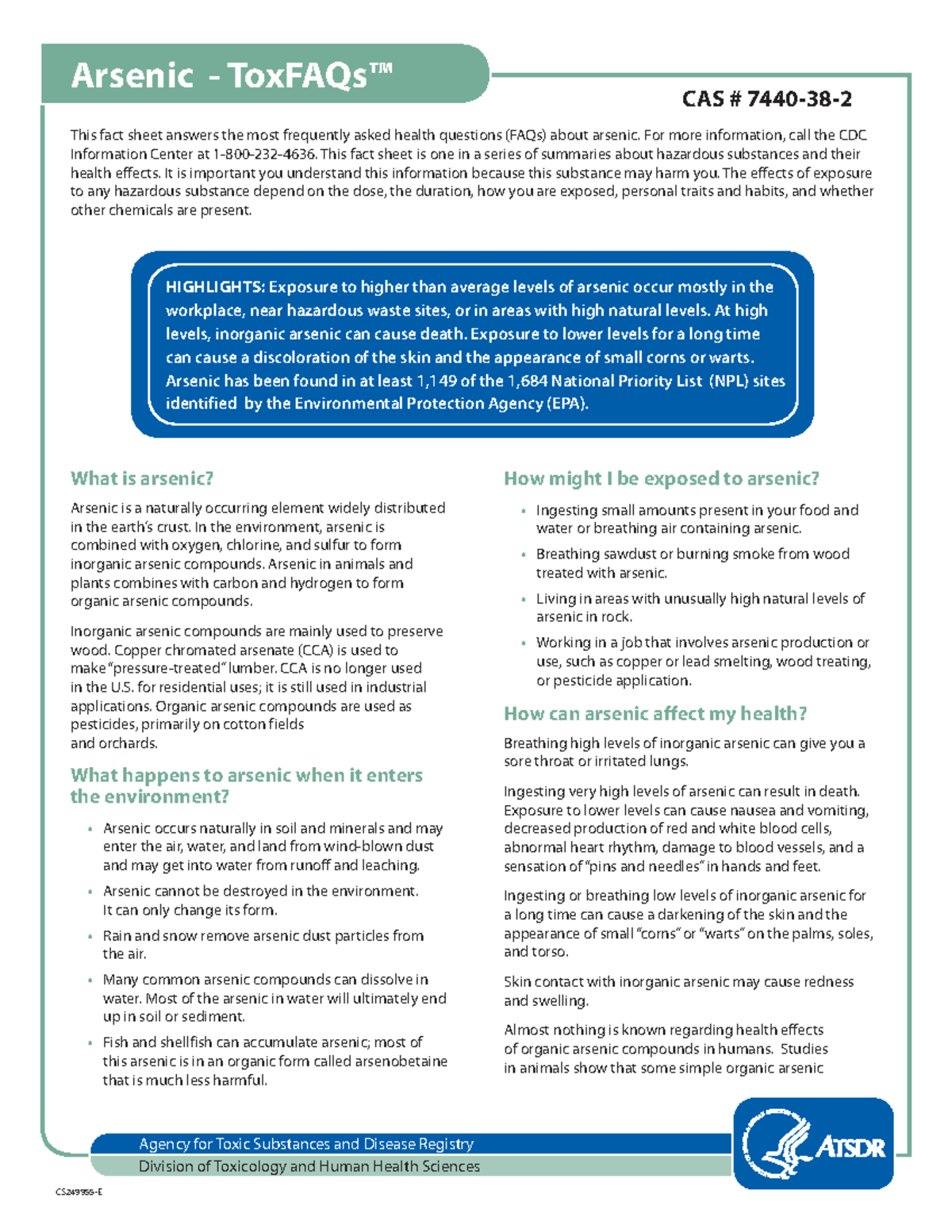 Arsenic: Health Risks & Exposure Sources - CAS Fact Sheet - Studocu