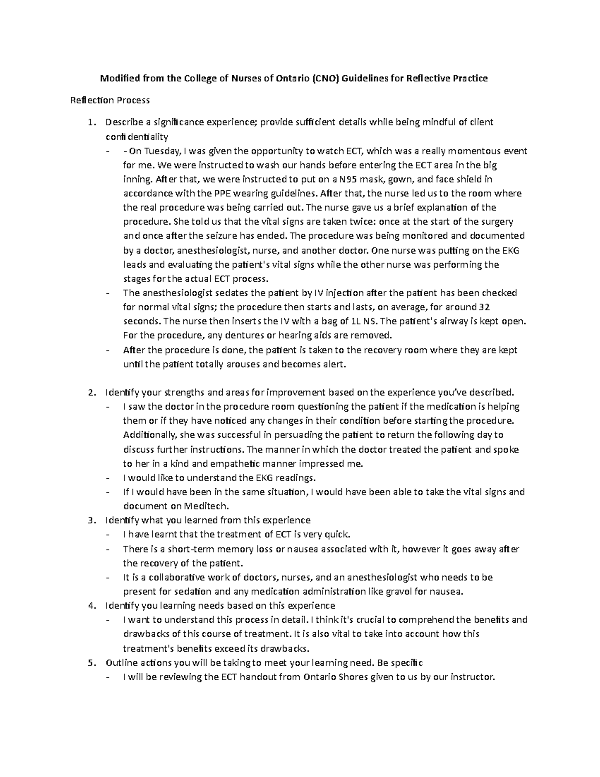CNO Reflective Practice on ECT Experience and Learning Insights - Studocu