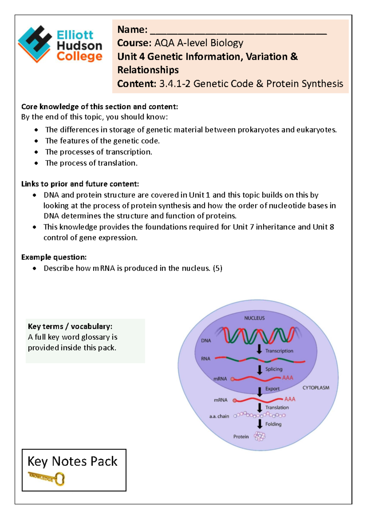 AQA Biology Unit 4: Genetic Code & Protein Synthesis Key Notes Pack ...