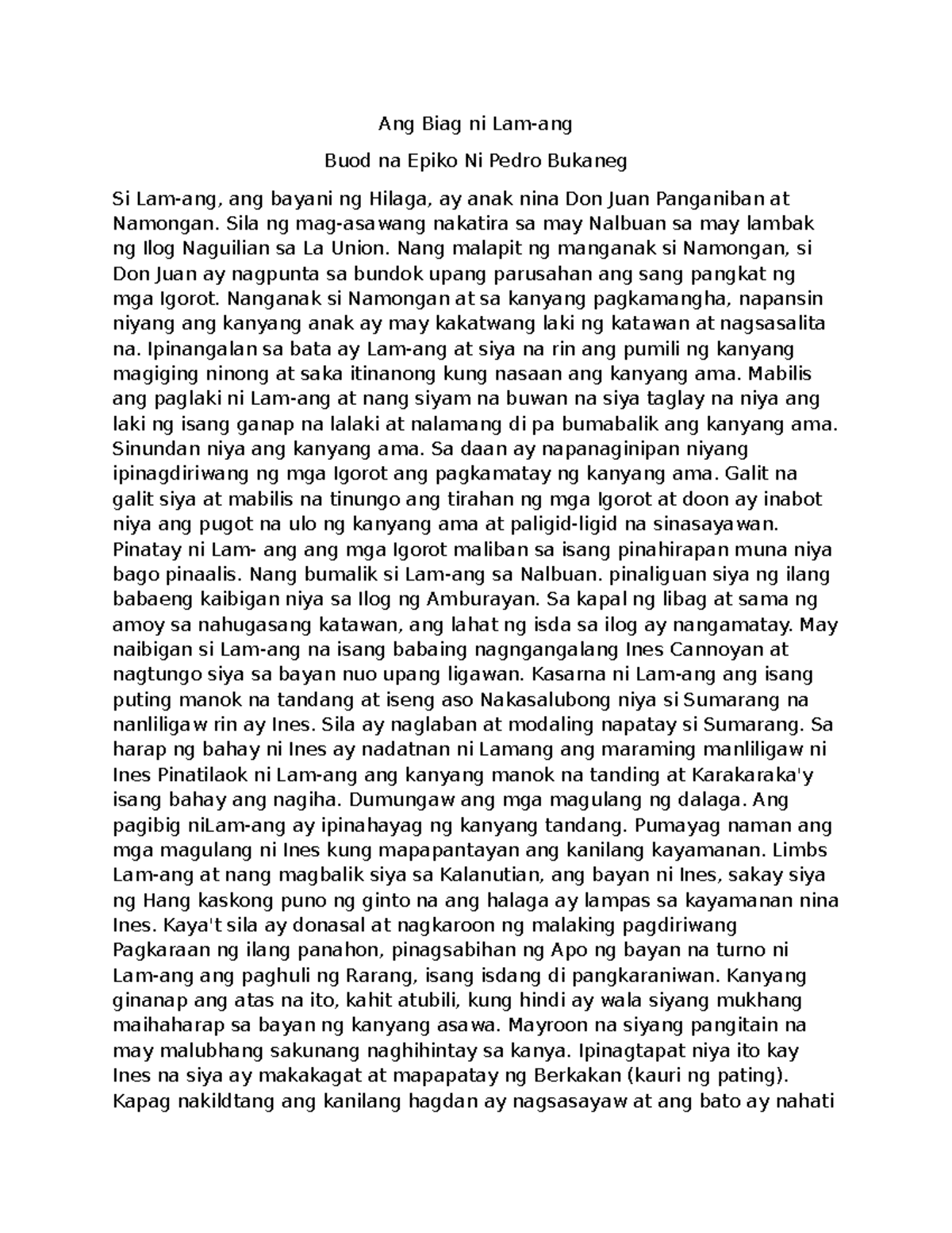 Buod ng Epikong Biag Ni Lam-ang (Lam-ang - Buod) - Studocu