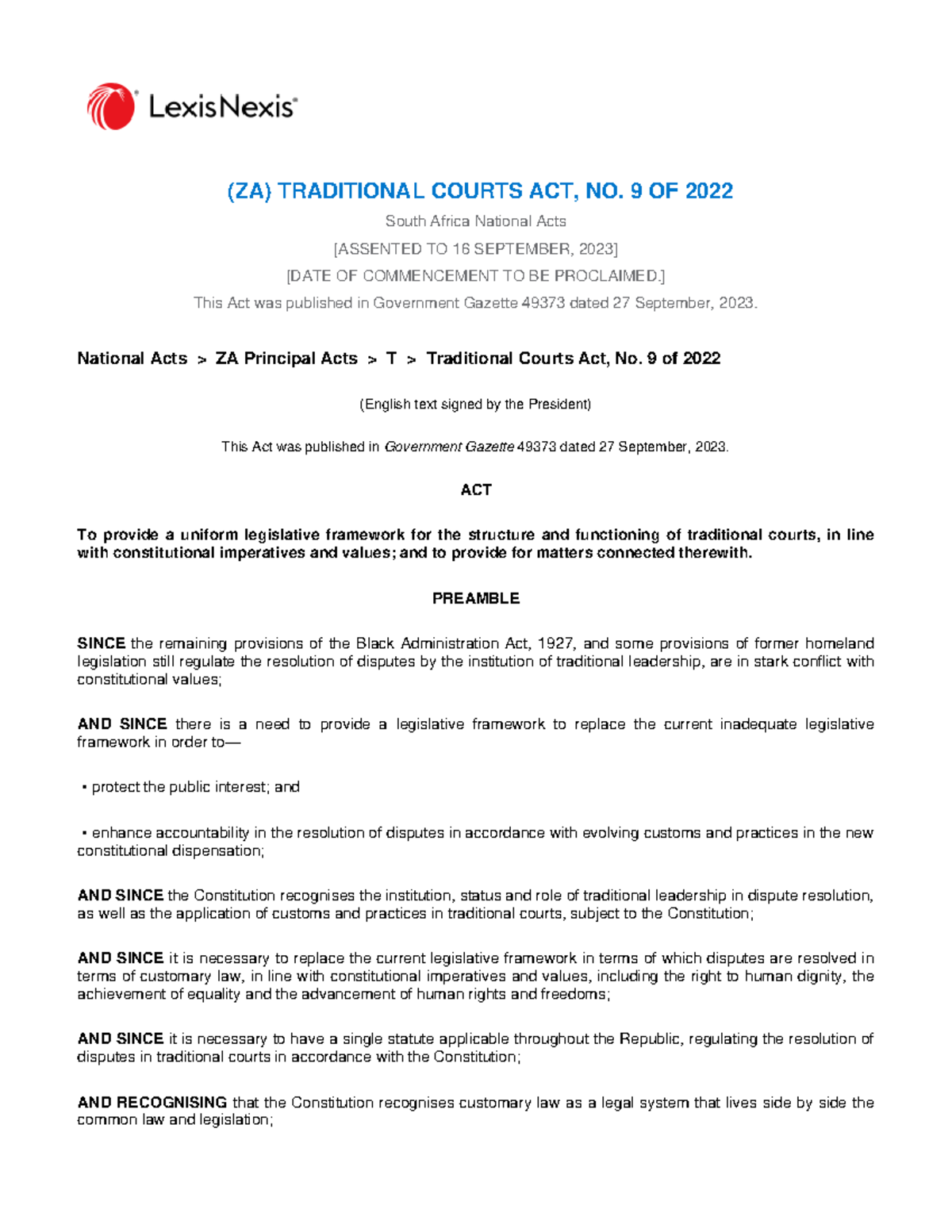 ZA Traditional Courts Act, No. 9 of 2022: Legislative Framework ...