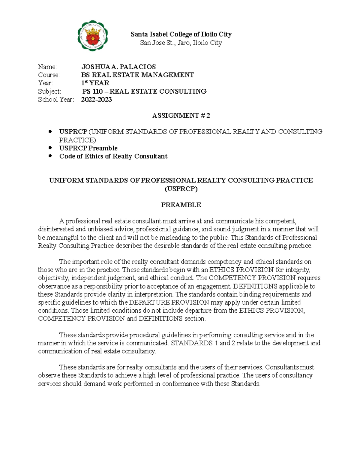 Assignment #2 in PS 110 - Exploring USPRCP in Realty Consulting - Studocu
