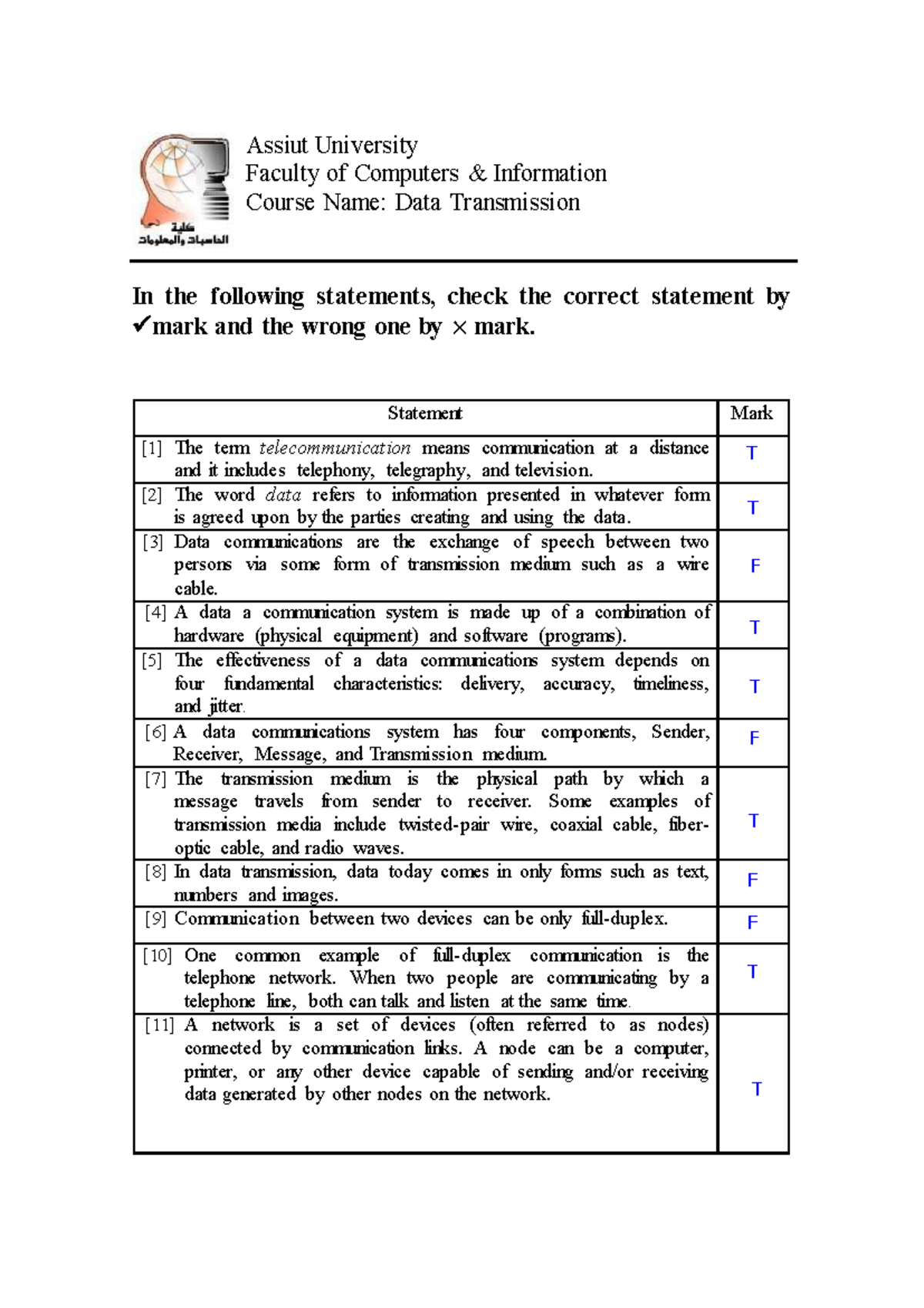 Data Communication Question Bank Assiut University Faculty Of Computers And Information Course