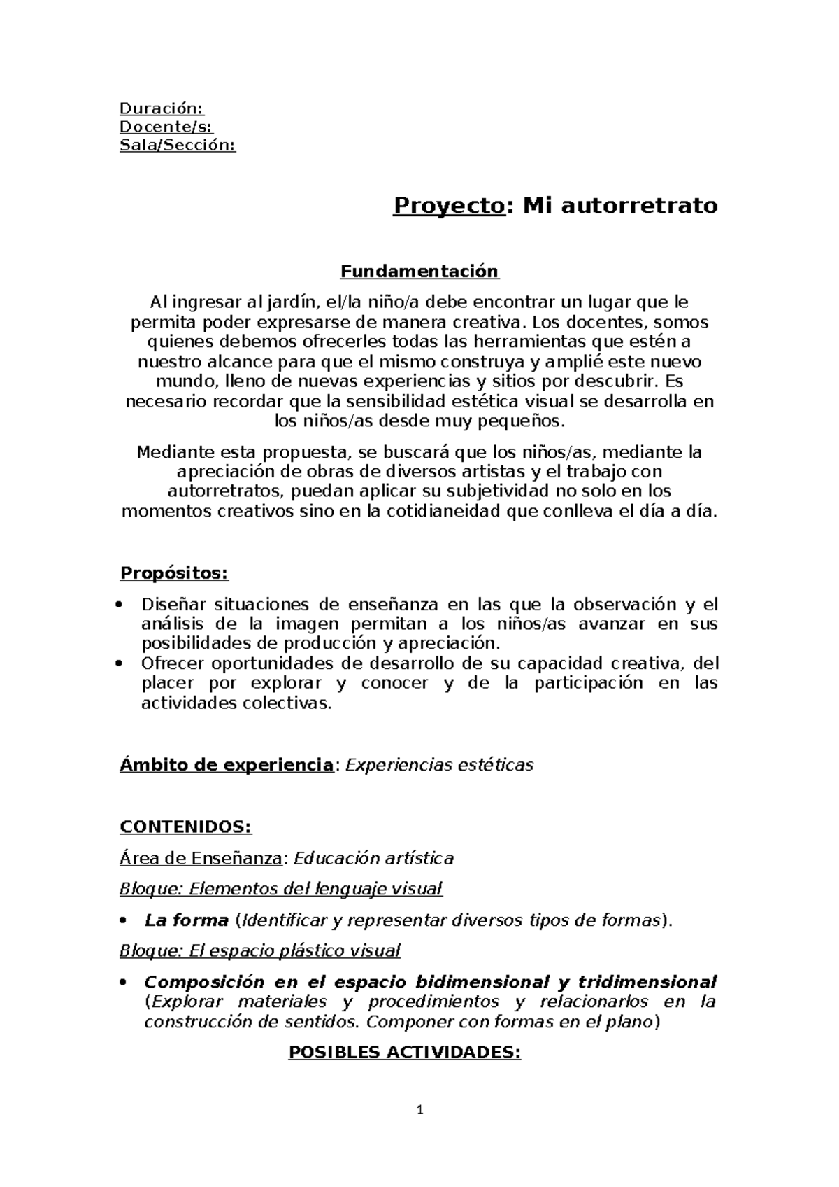 Proyecto Autoretrato - PLANIFICACION - Duración: Docente/s: Sala ...