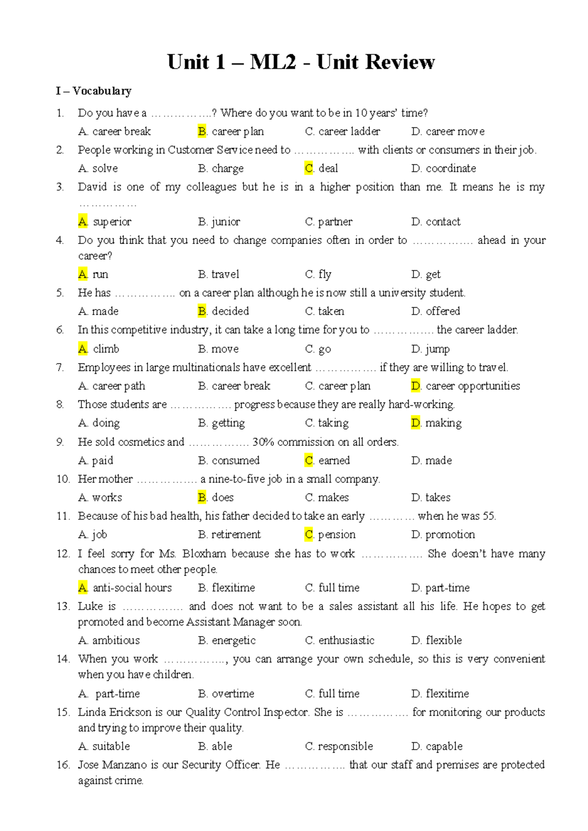 Review unit 1-Careers - ddfcde - Unit 1 – ML2 - Unit Review I ...
