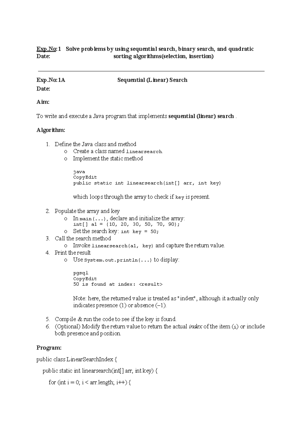 OOP LAB Manual - Final Exam: Java Search & Sort Algorithms - Studocu