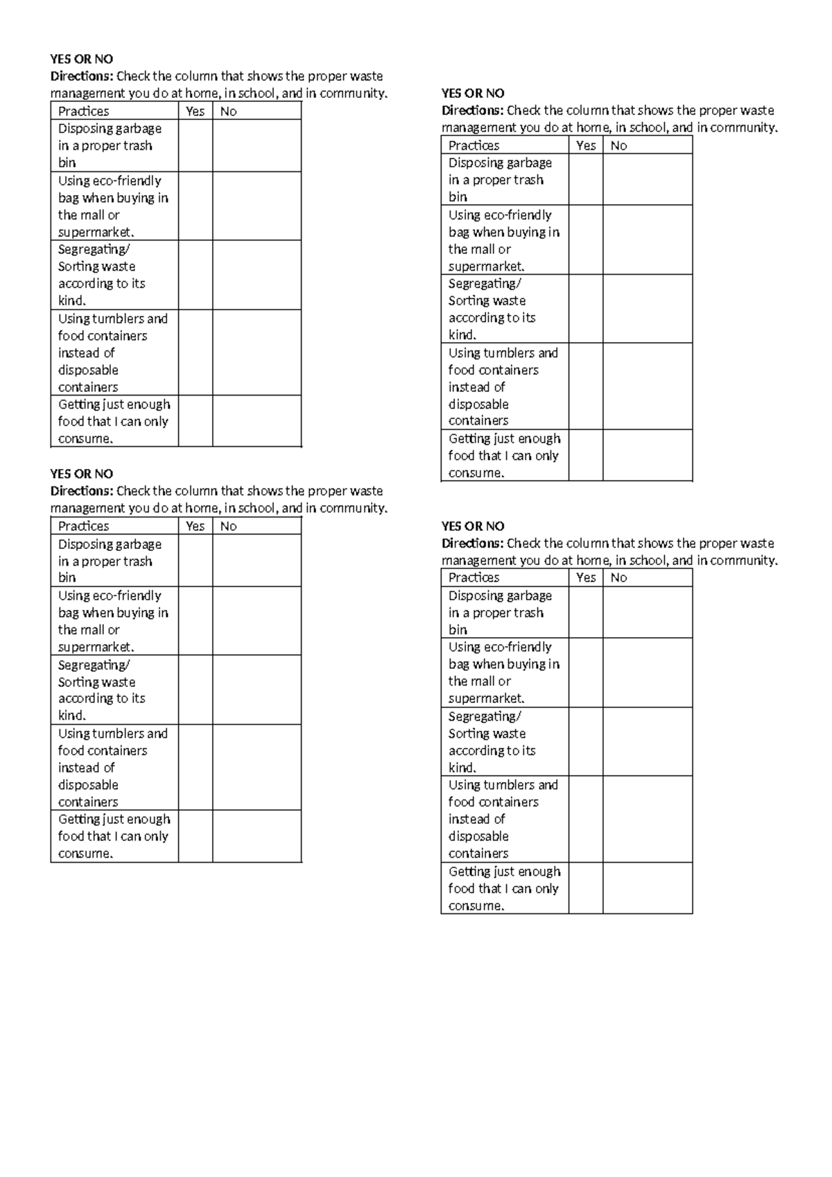 MAPEH Waste Management Practices: YES or NO Checklist - Studocu