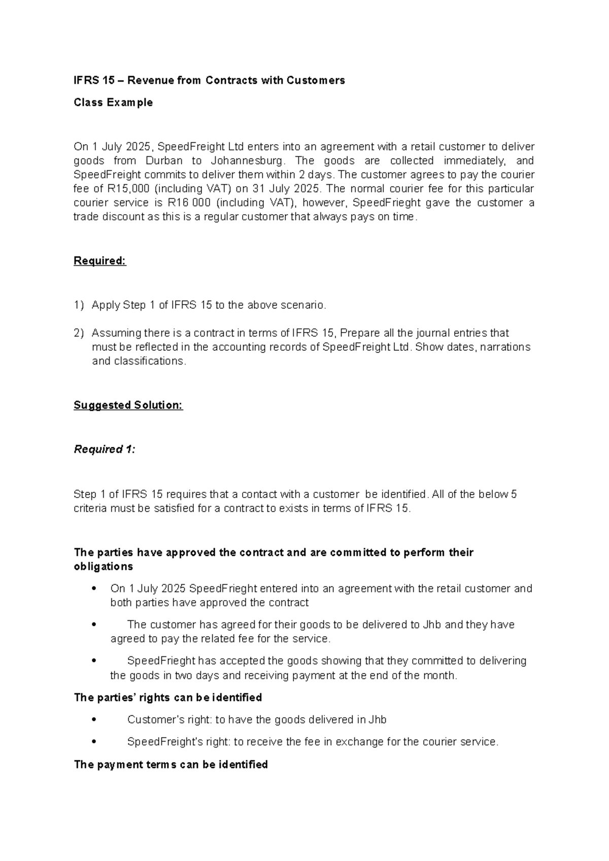 IFRS 15 Class Example: Revenue Recognition for SpeedFreight Ltd - Studocu