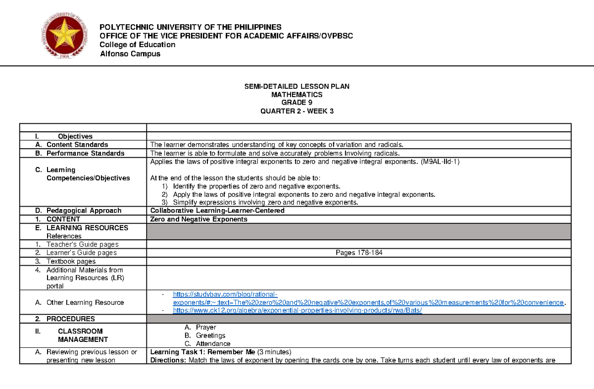Grade 9 Mathematics Lesson Plan: Zero and Negative Exponents - Studocu