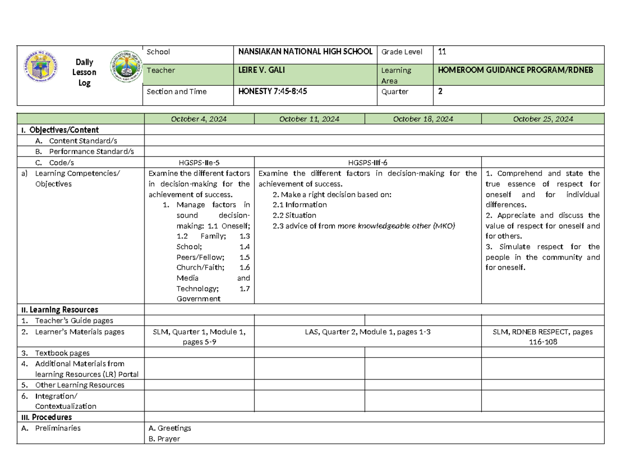 Q2 DLL-HGP- Homeroom Guidance Program - Daily Lesson Log - Studocu