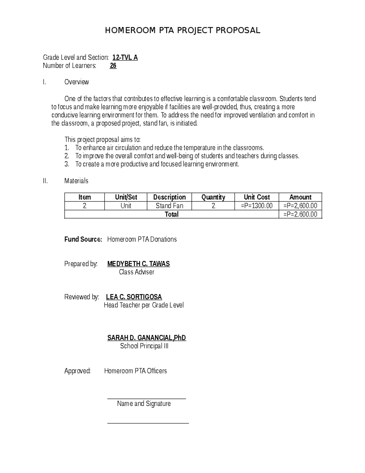 HOMEROOM PTA Project Proposal: Stand Fan for Classroom Comfort - Studocu