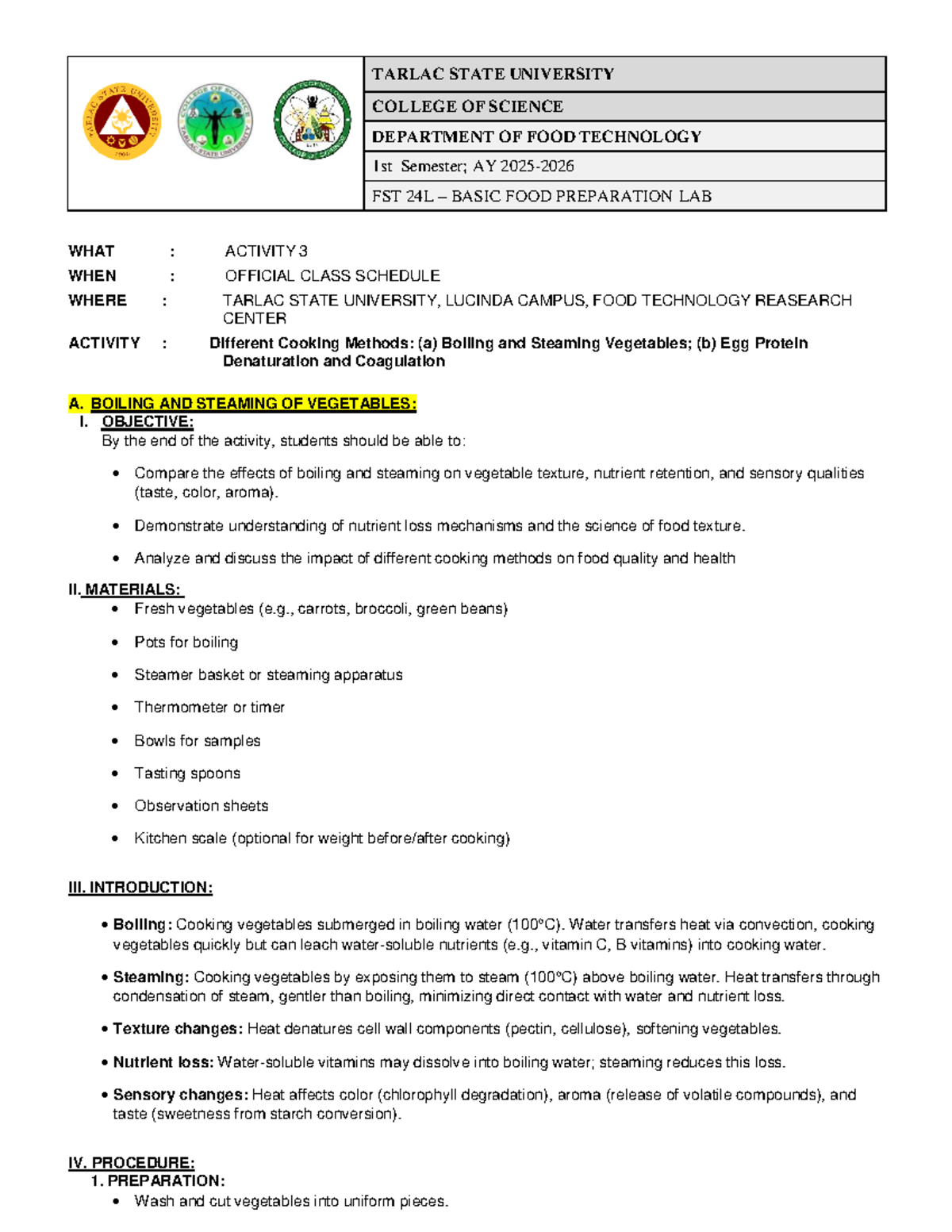 FST 24L - Activity 3: Cooking Methods for Vegetables & Eggs - Studocu