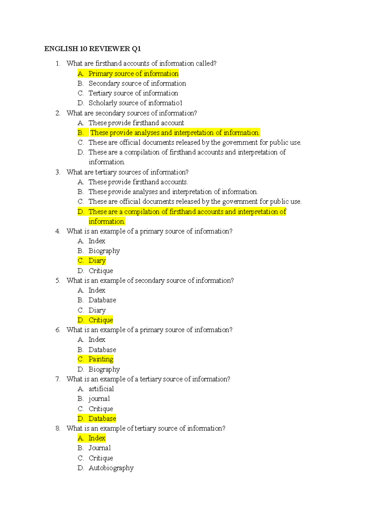 English 10 reviewer Q1 - ENGLISH 10 REVIEWER Q What are firsthand ...