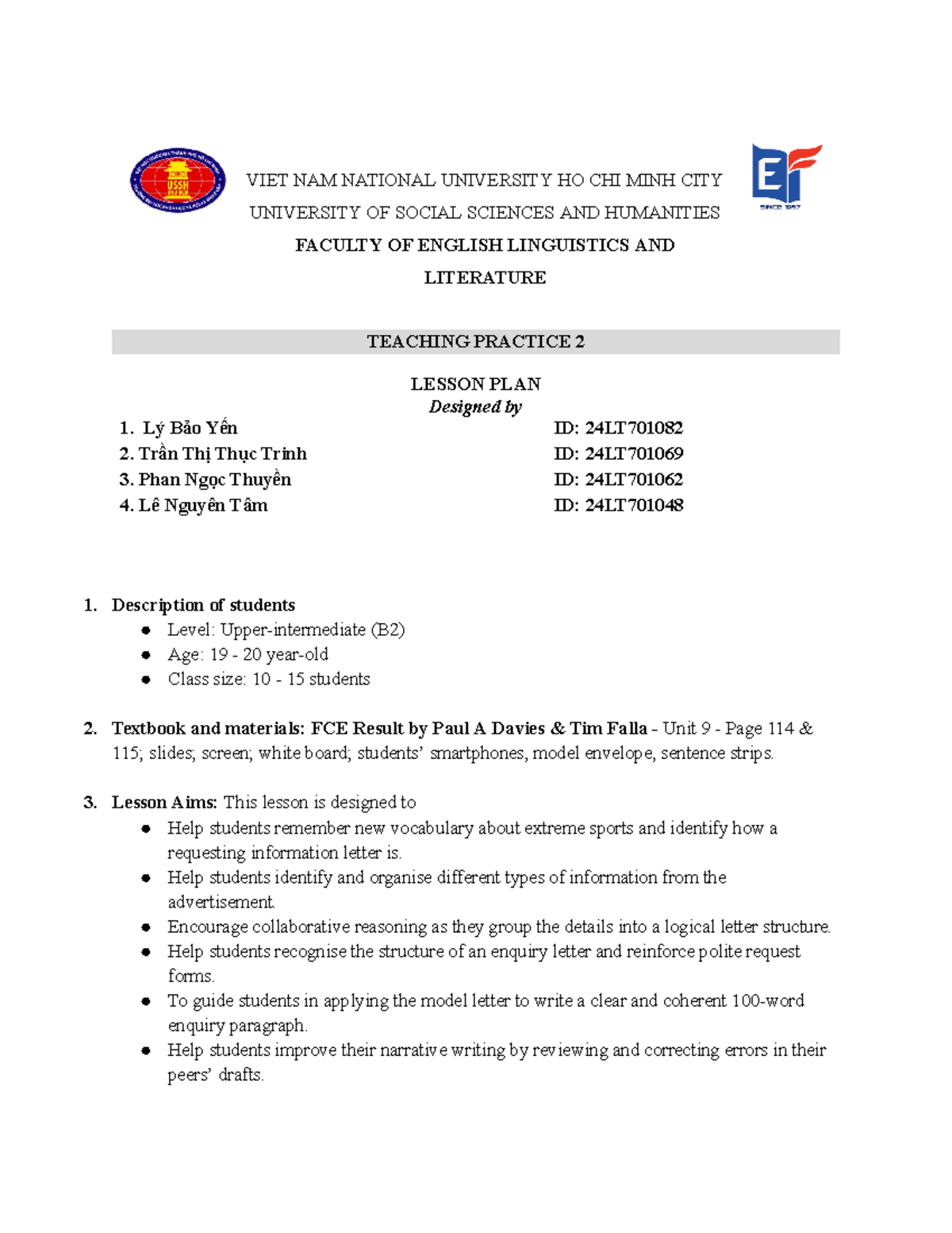 Teaching Practice 2 Lesson Plan: Writing Enquiry Letters (24LT7010 ...