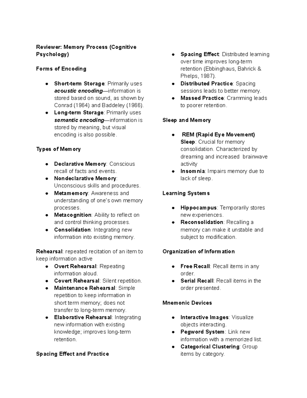 Cognitive Psychology Review: Memory Processes and Encoding (PSY 101 ...