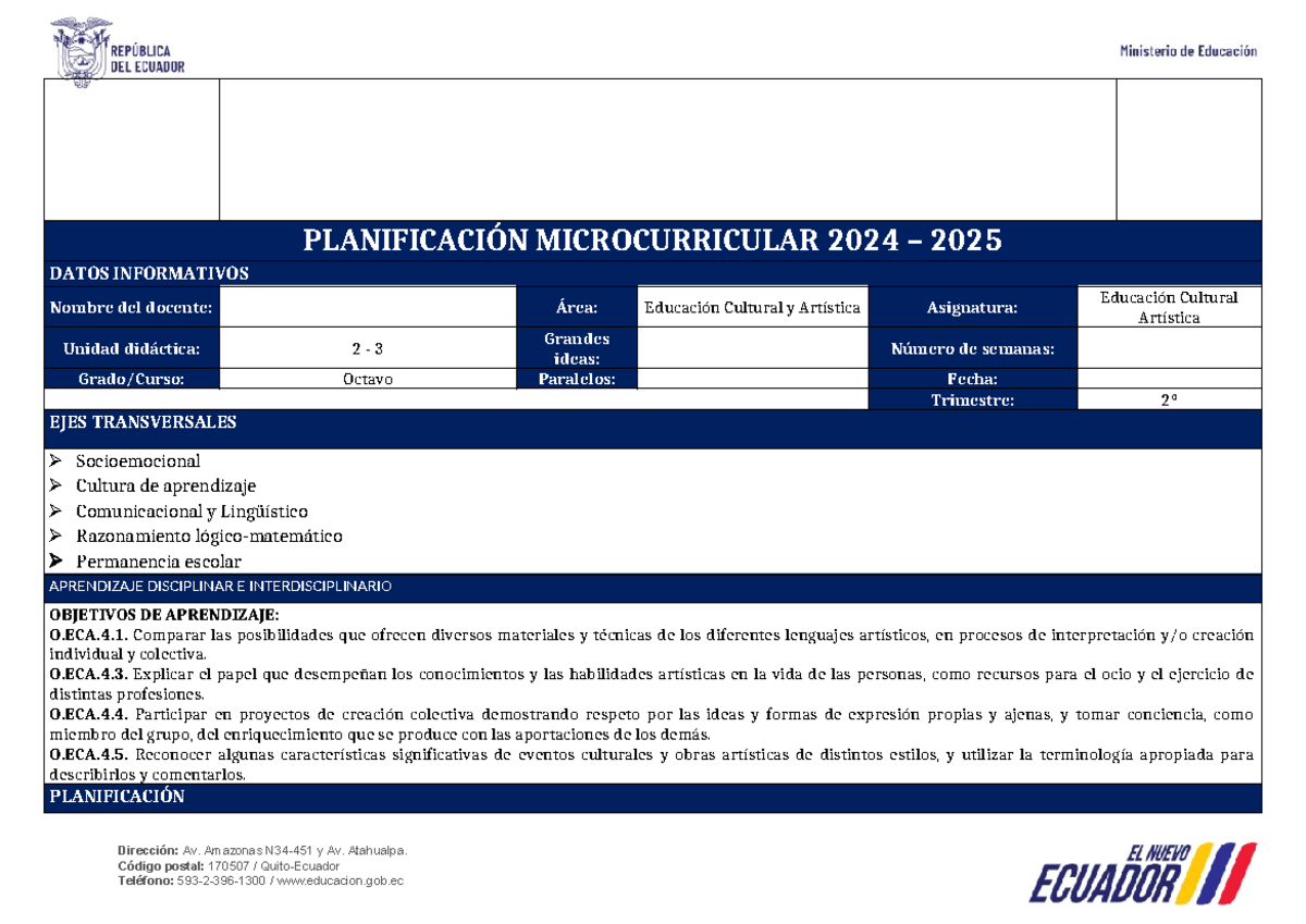 Planificación Curricular 2024-2025: ECA - 2T - Educación Cultural Artística - Studocu