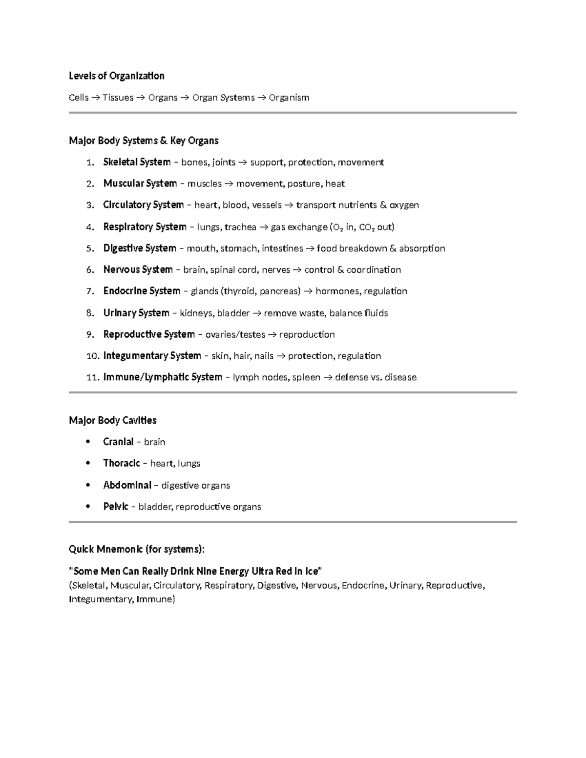 Levels of Organization: Major Body Systems & Key Organs Overview - Studocu