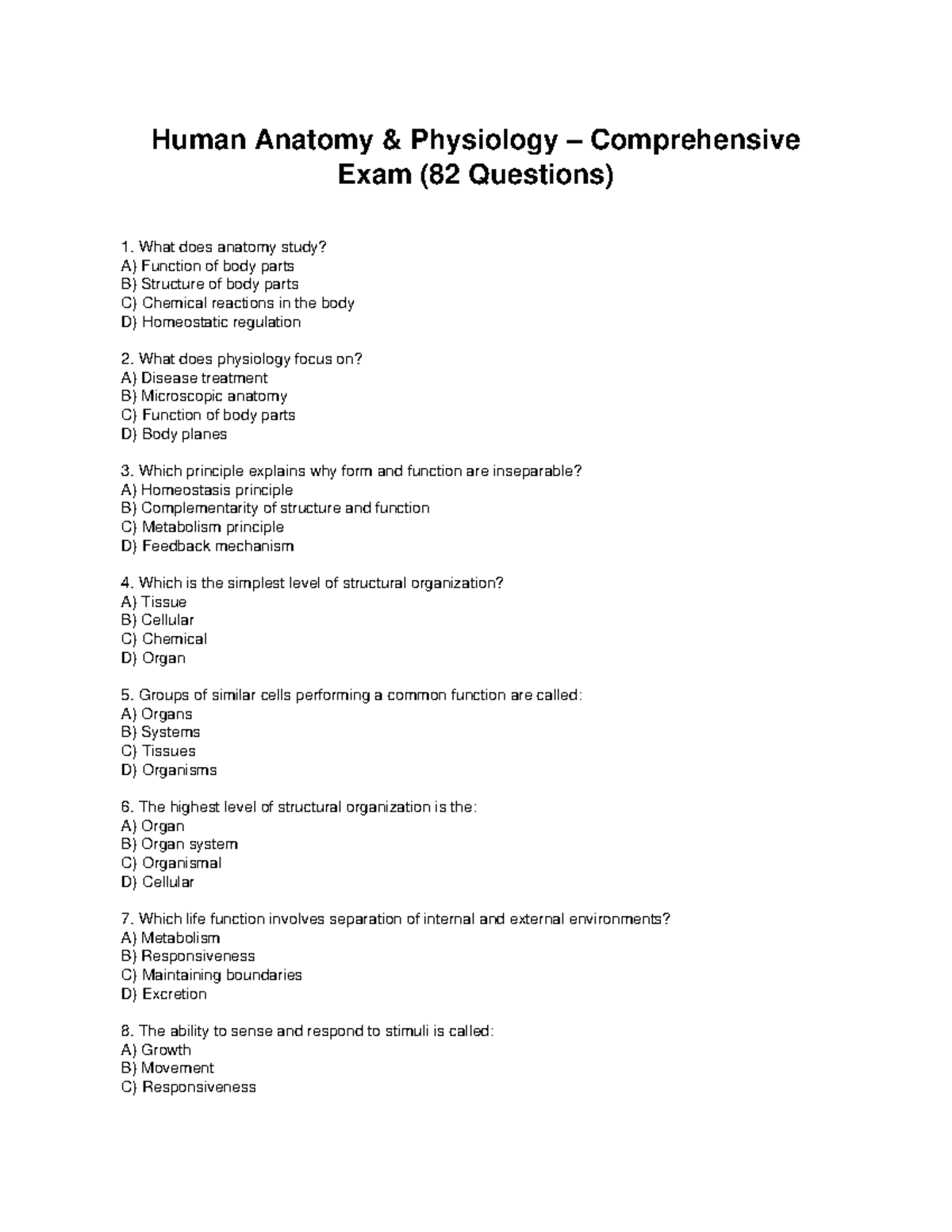Human Anatomy & Physiology Comprehensive Exam (82 Questions) - Studocu