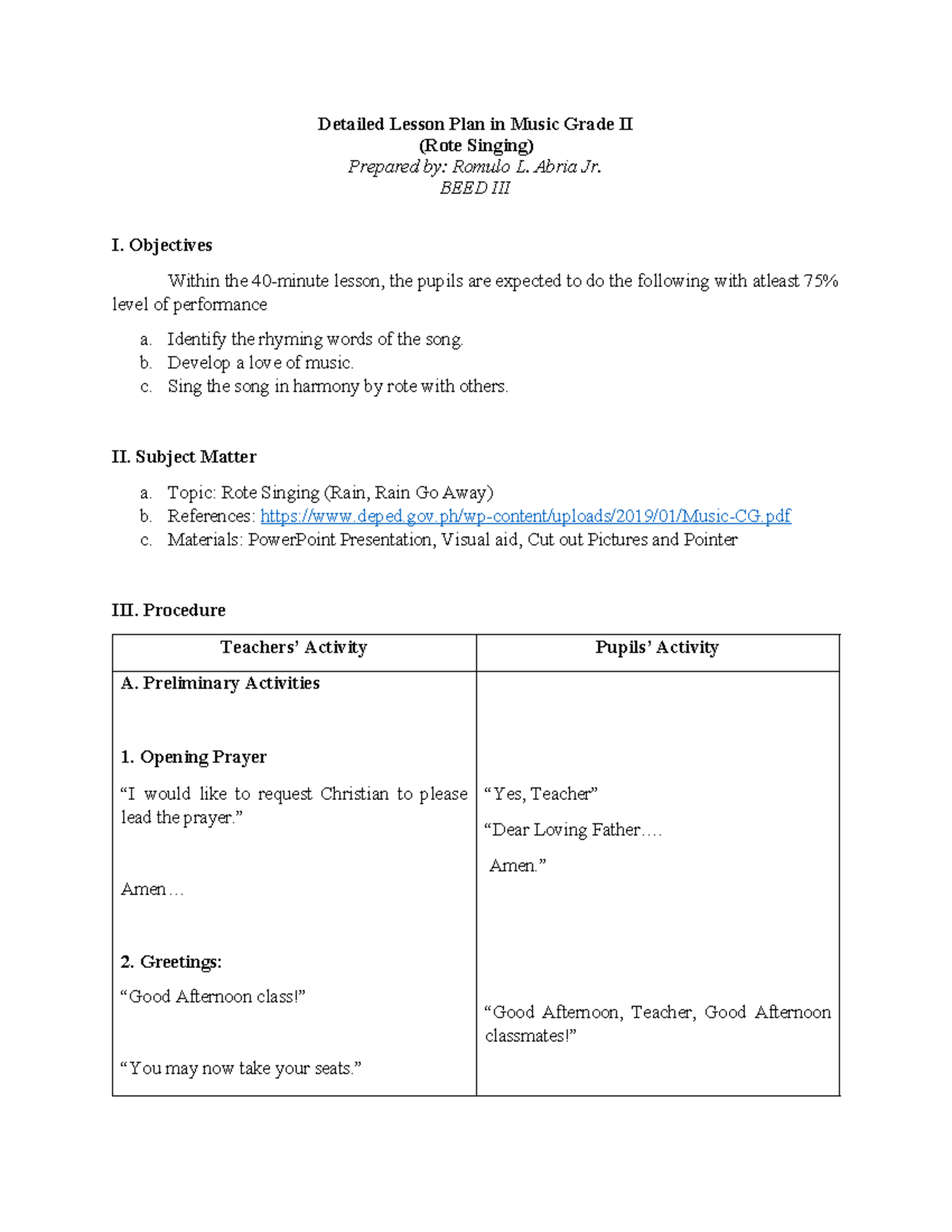 Grade II Music Lesson Plan: Rote Singing of "Rain, Rain Go Away" - Studocu