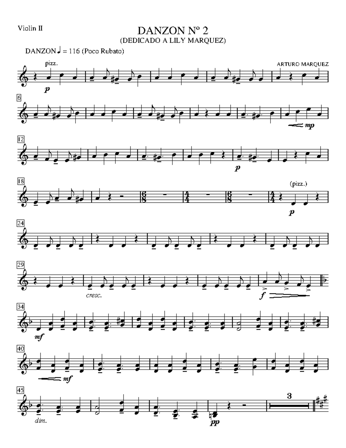 Partitura para Violín de Danzón Nº 2 de Arturo Márquez - Studocu