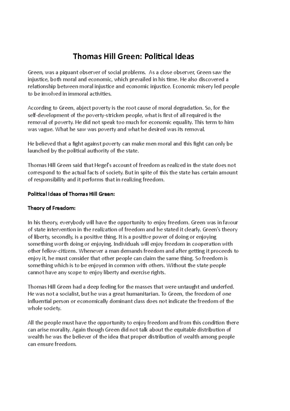 TH Green beliefs - Thomas Hill Green: Political Ideas Green, was a ...