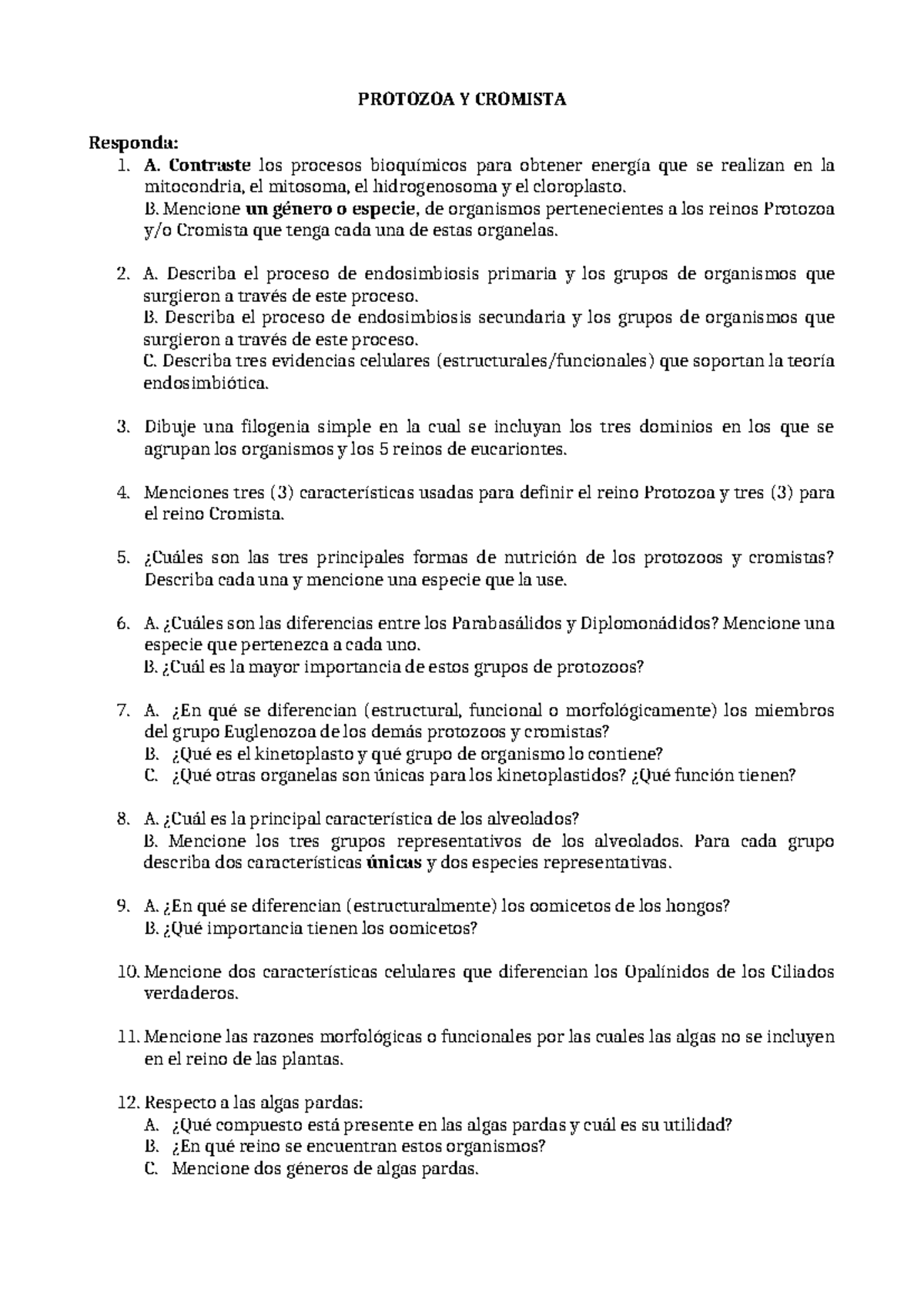 Taller sobre Protozoa y Cromista - Bioingeniería - Studocu