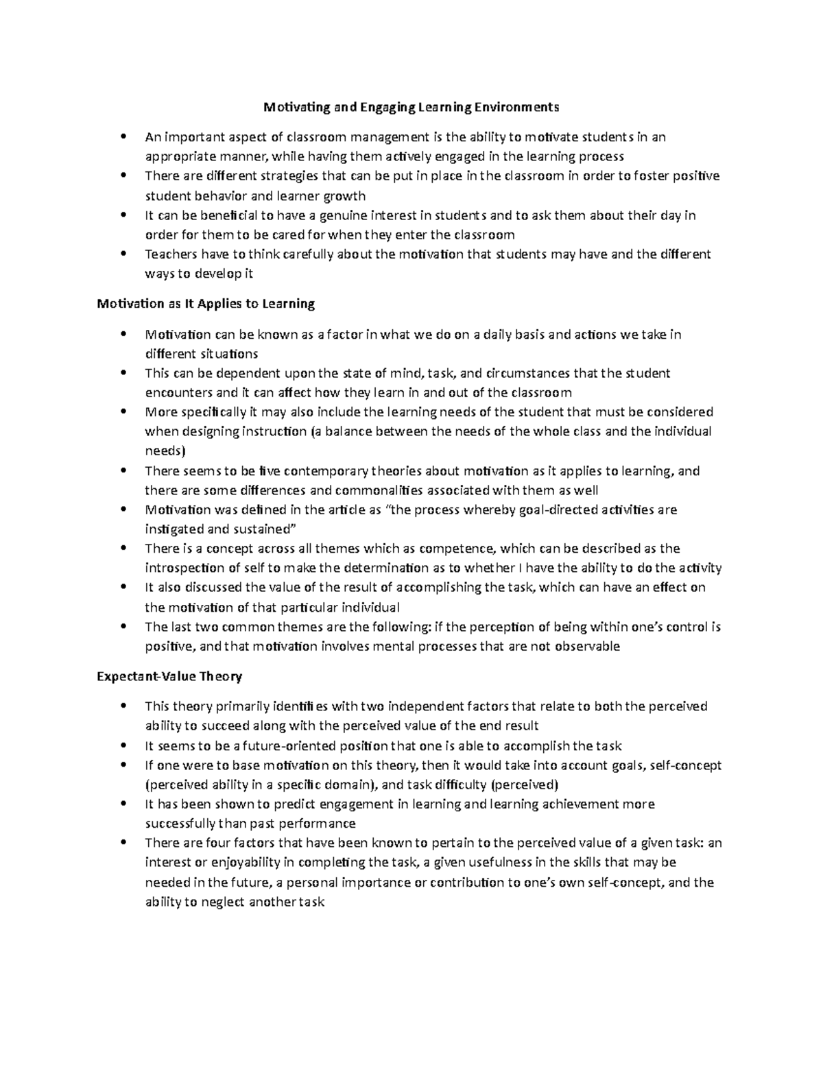 Unit 5 - Notes - Motivating and Engaging Learning Environments An ...