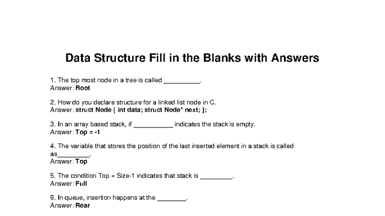 Data Structure Fill in the Blanks with Answers - DS101 - Studocu
