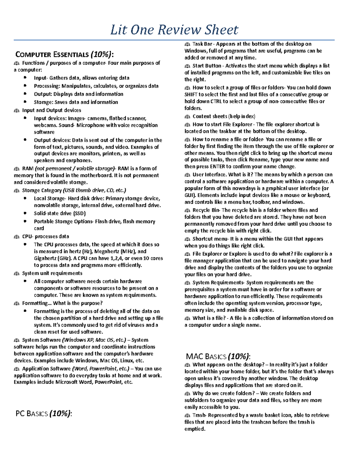 Lit One Review Complete - Lit One Review Sheet COMPUTER ESSENTIALS (10% ...