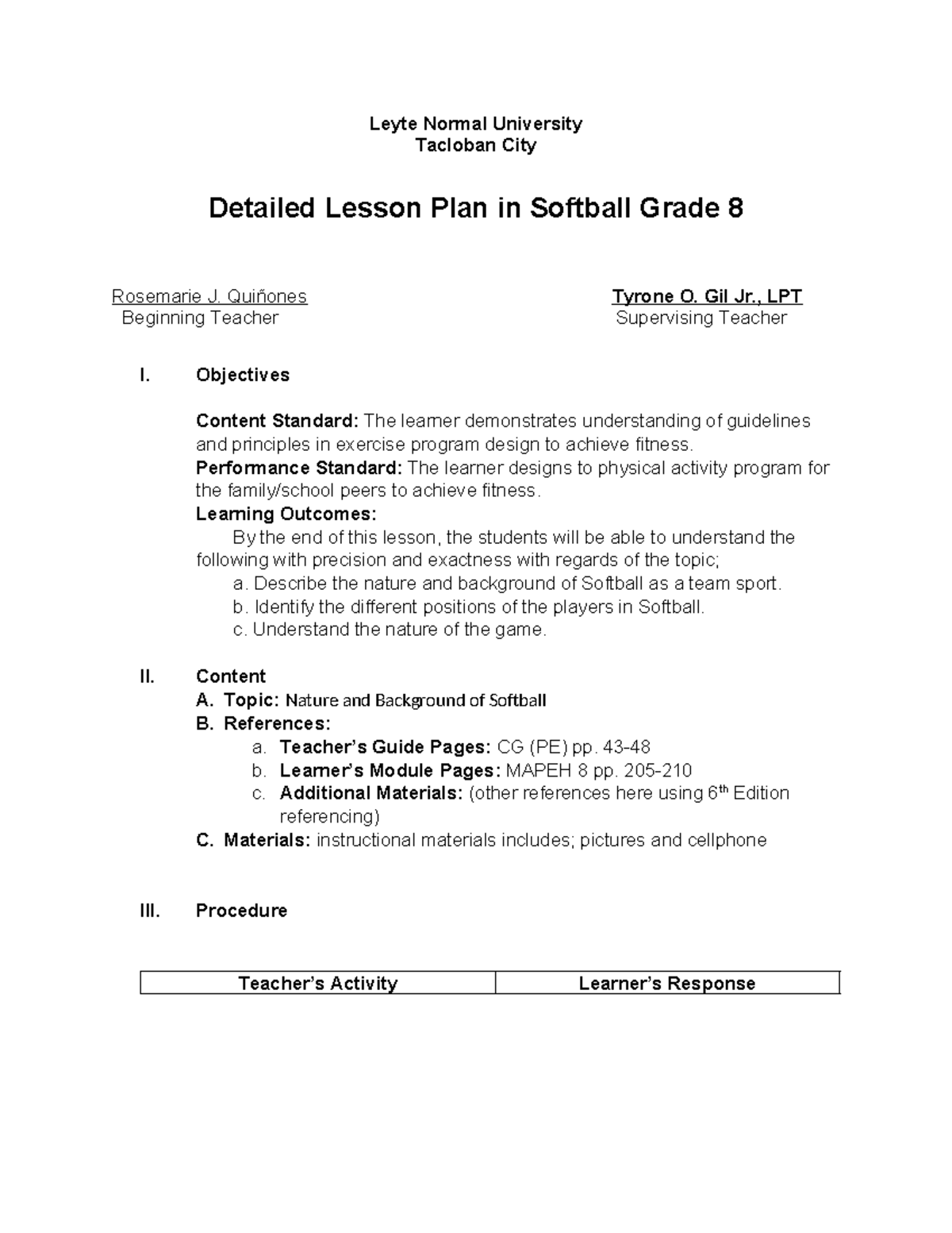 Detailed Softball Lesson Plan for Profed 103 - Grade 8 - Studocu