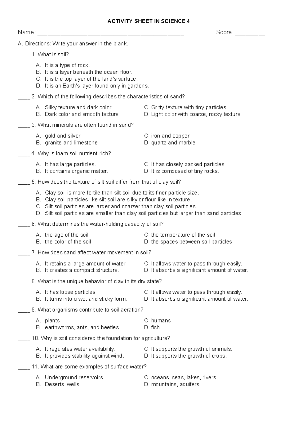 The Earths Soil - Paper-pencil test - ACTIVITY SHEET IN SCIENCE 4 Name ...