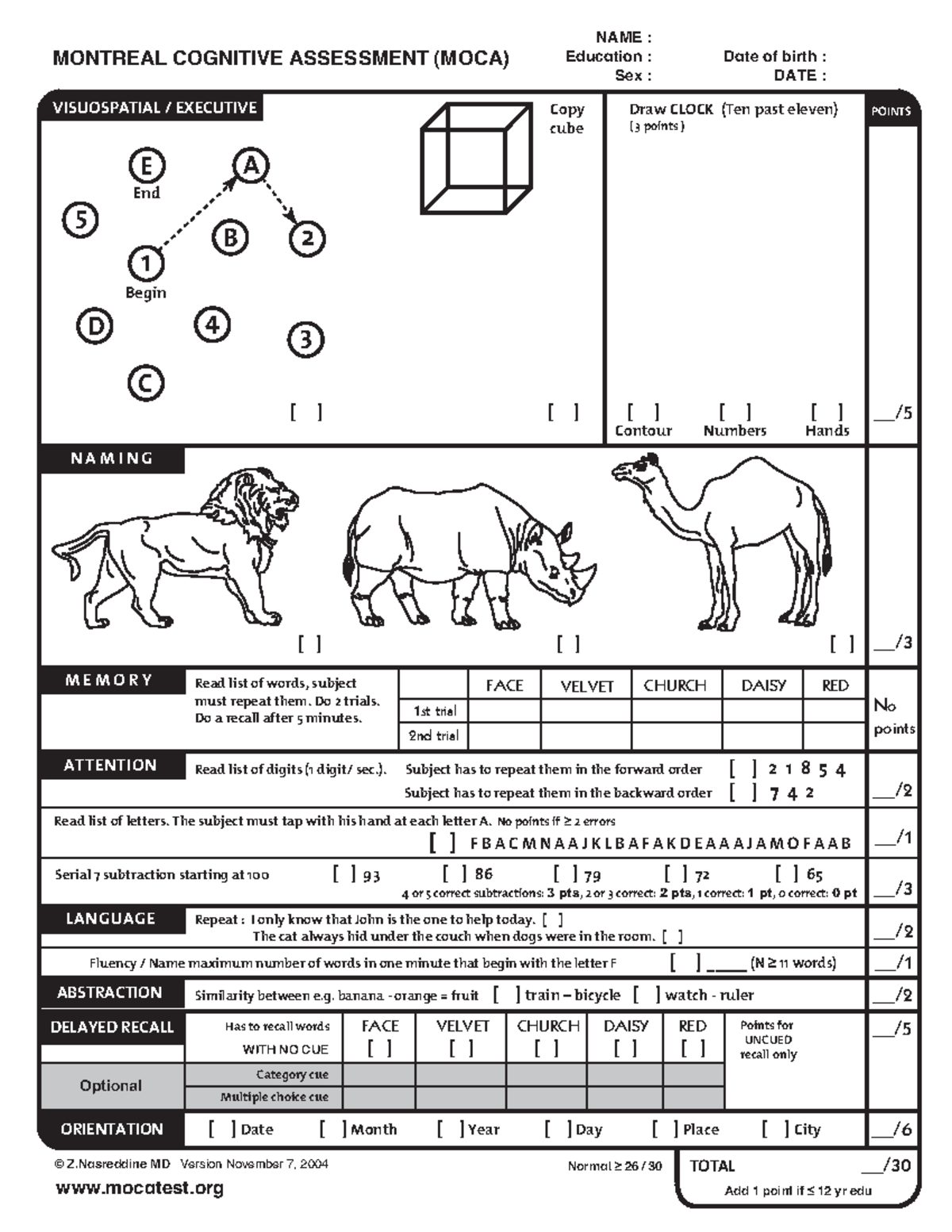 MOCA cognitive assessment tool-1-1 - POINTS TOTAL M E M O R Y N A M I N ...