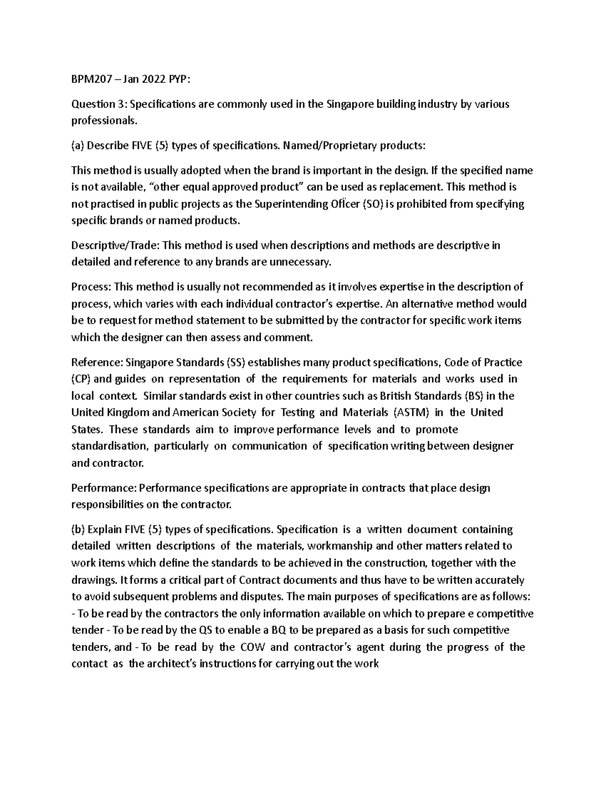BPM207 Jan 2022 PYP: Types of Specifications in Singapore Building ...