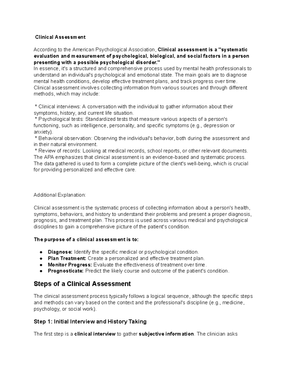 Clinical Assessment: Understanding the Process and Steps - Studocu