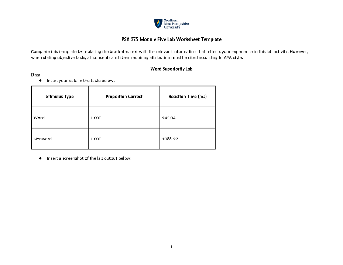 Psy375- mod 5 Lab Worksheet - PSY 375 Module Five Lab Worksheet ...