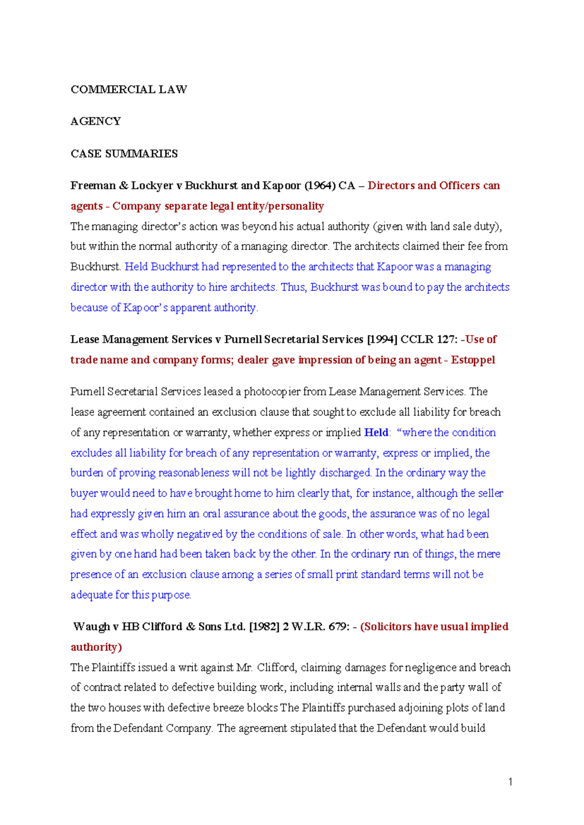 COMMERCIAL LAW AGENCY CASE SUMMARIES: Key Cases and Principles - Studocu
