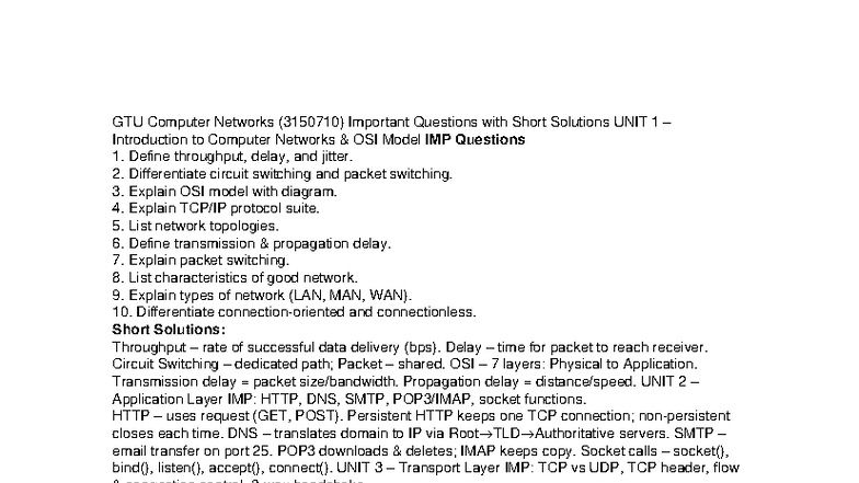 GTU Computer Networks (3150710) Key Questions & Solutions Overview - Studocu
