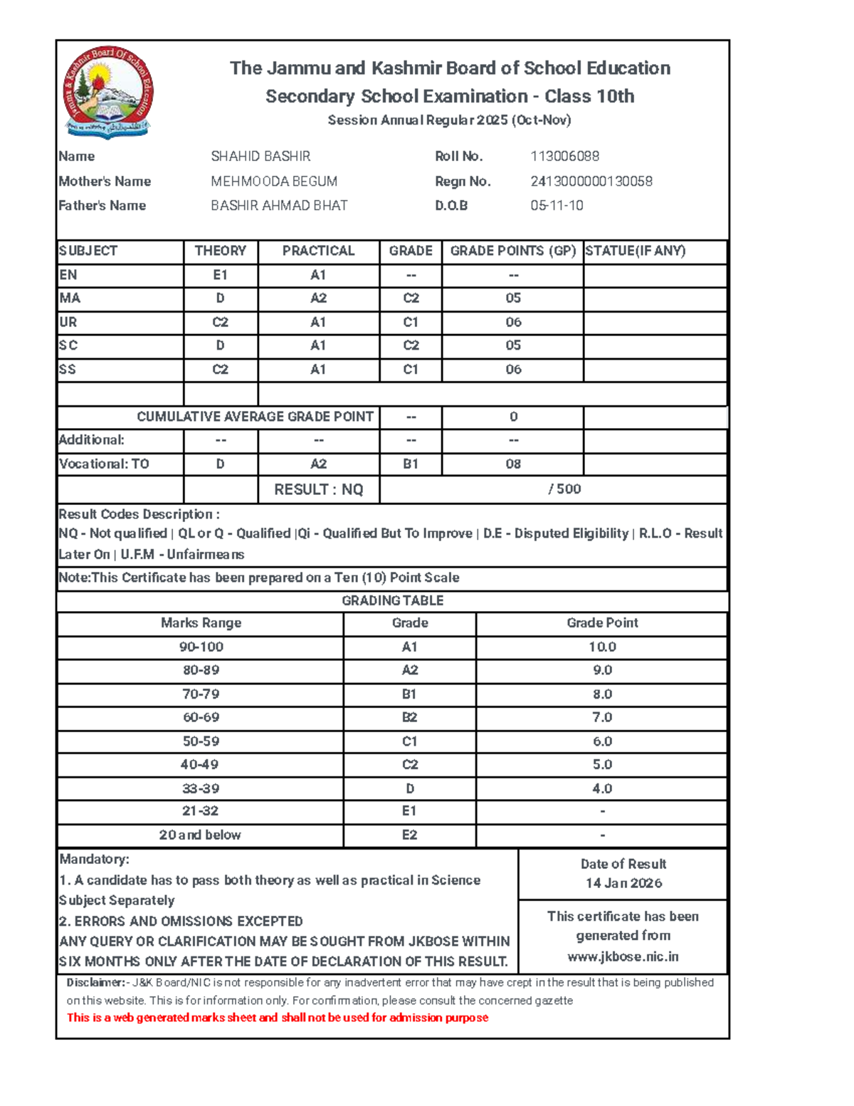 JKBSE Class 10 Annual Regular Exam Result 2025 - Shahid Bashir - Studocu