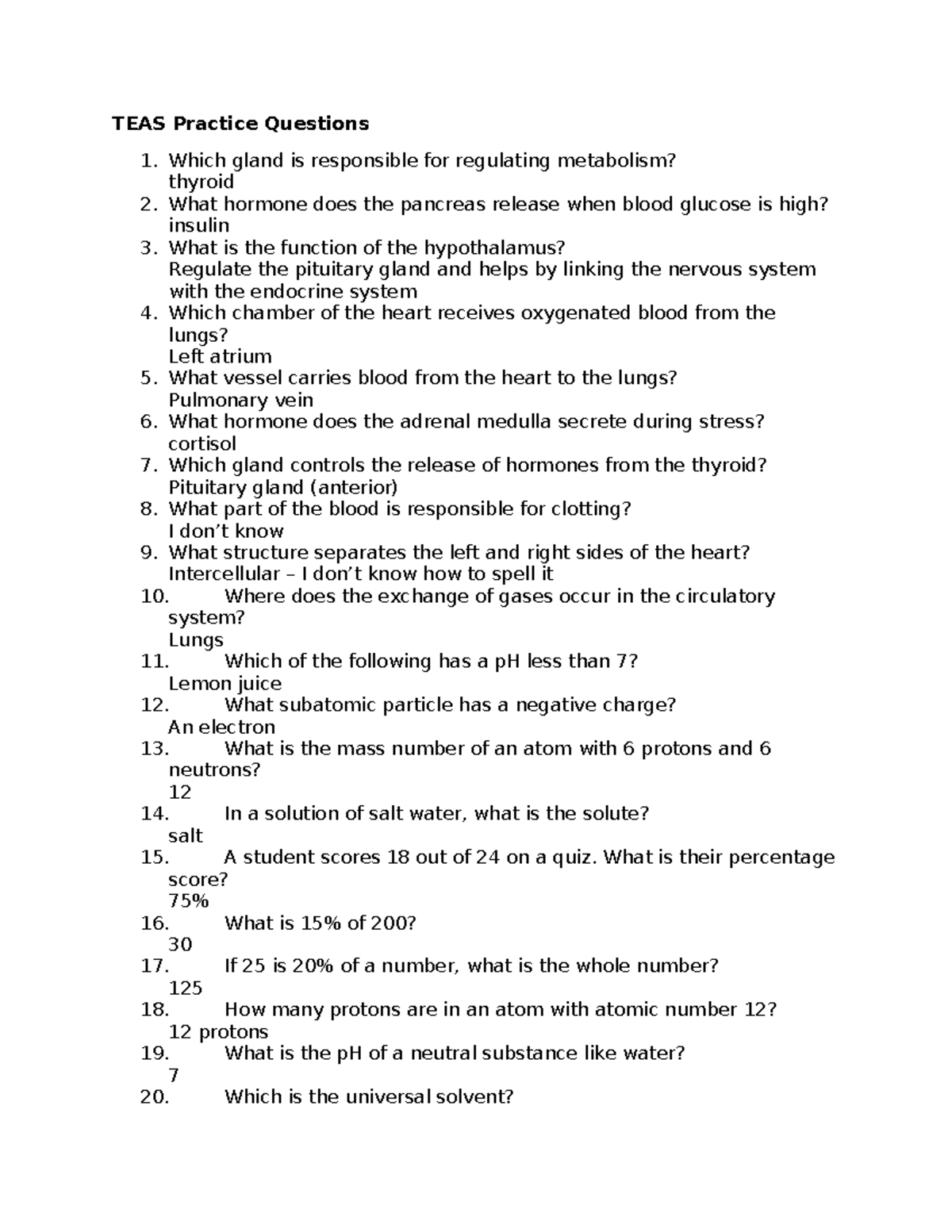 TEAS Science Practice Questions and Answers for Exam Prep - Studocu